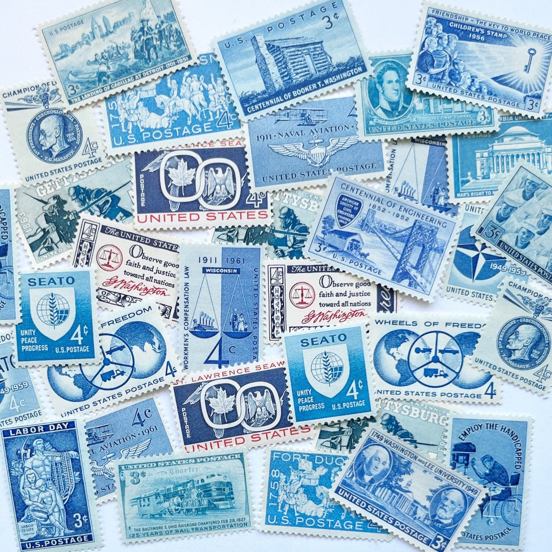 50 Unused Vintage Blue Postage Stamps Collection of Blue Stamps / Blue ...
