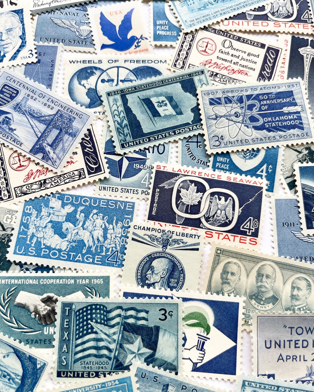50 Unused Vintage Blue Postage Stamps - Collection of Blue Stamps ...