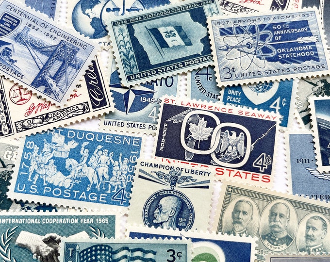 25 Unused Vintage Blue Postage Stamps - Collection of Blue Stamps ...