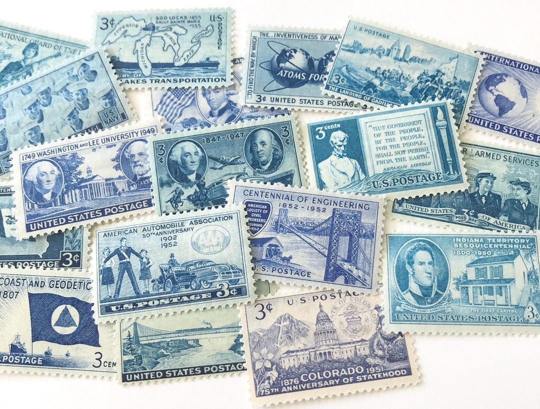25 Unused Vintage Blue Postage Stamps Collection of 3 Cent Blue US ...