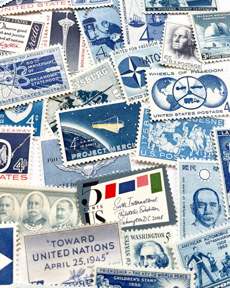 25 Unused Vintage Blue Postage Stamps - Collection of Blue Stamps ...