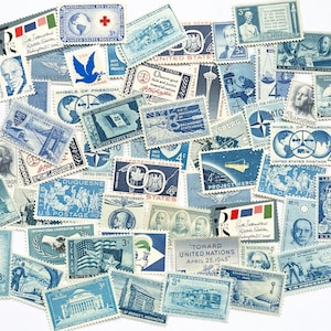 50 Unused Vintage Blue Postage Stamps - Collection of Blue Stamps ...