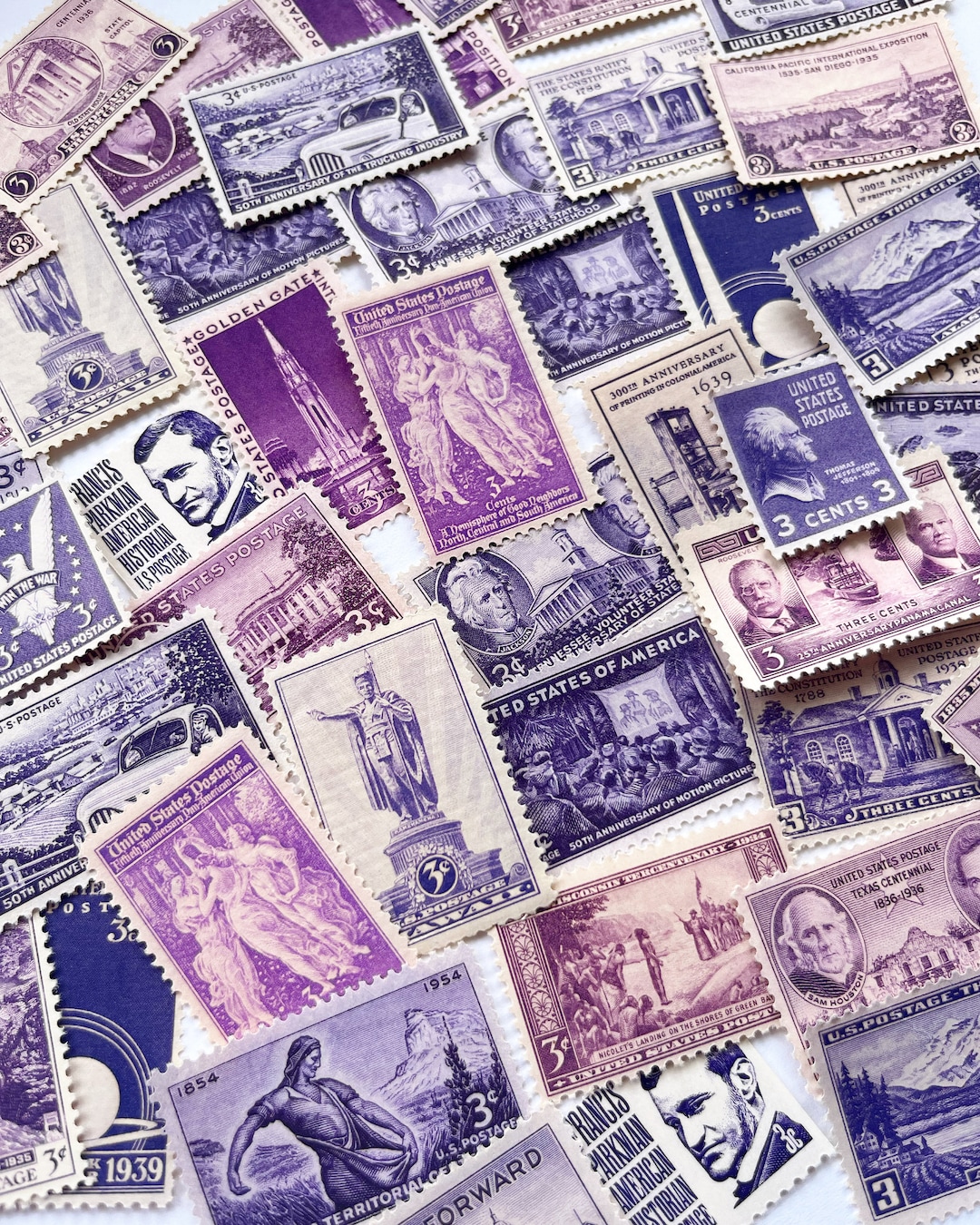 50 Unused Vintage Shades of Purple Postage Stamps Collection of 3 Cent ...