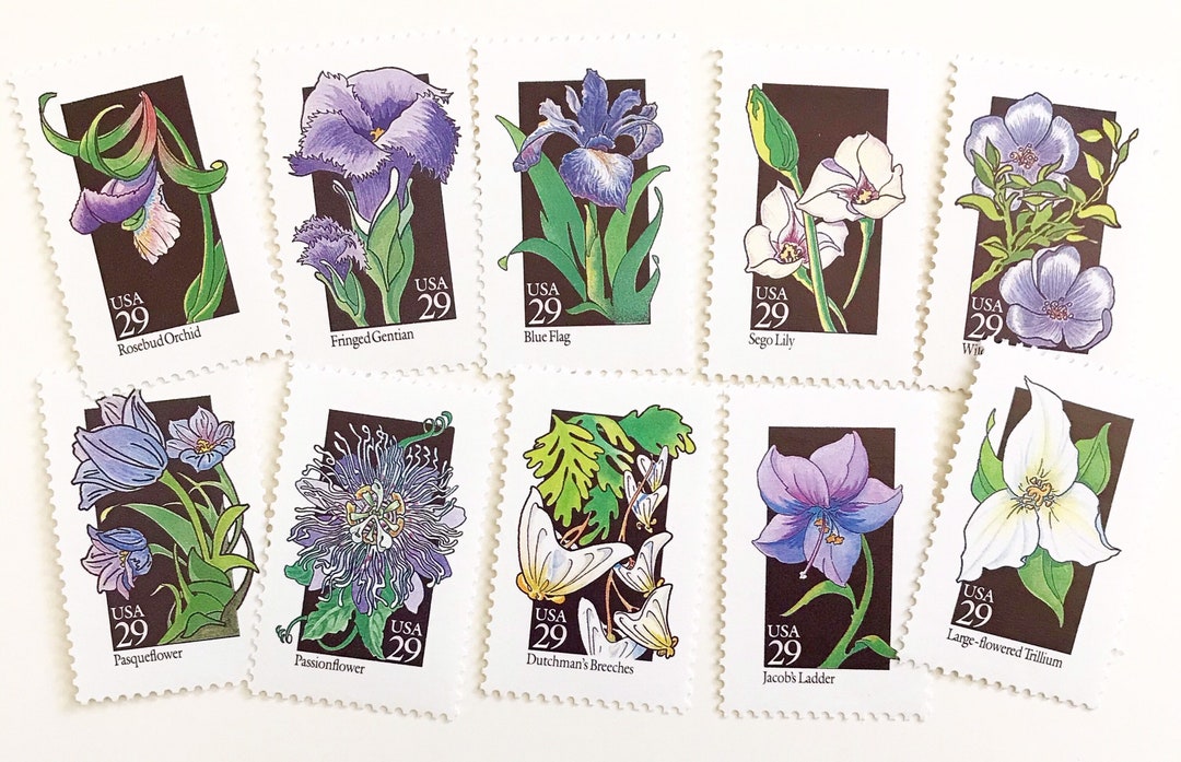 10 Unused Vintage Purple and White Flower Postage Stamps / Purple ...