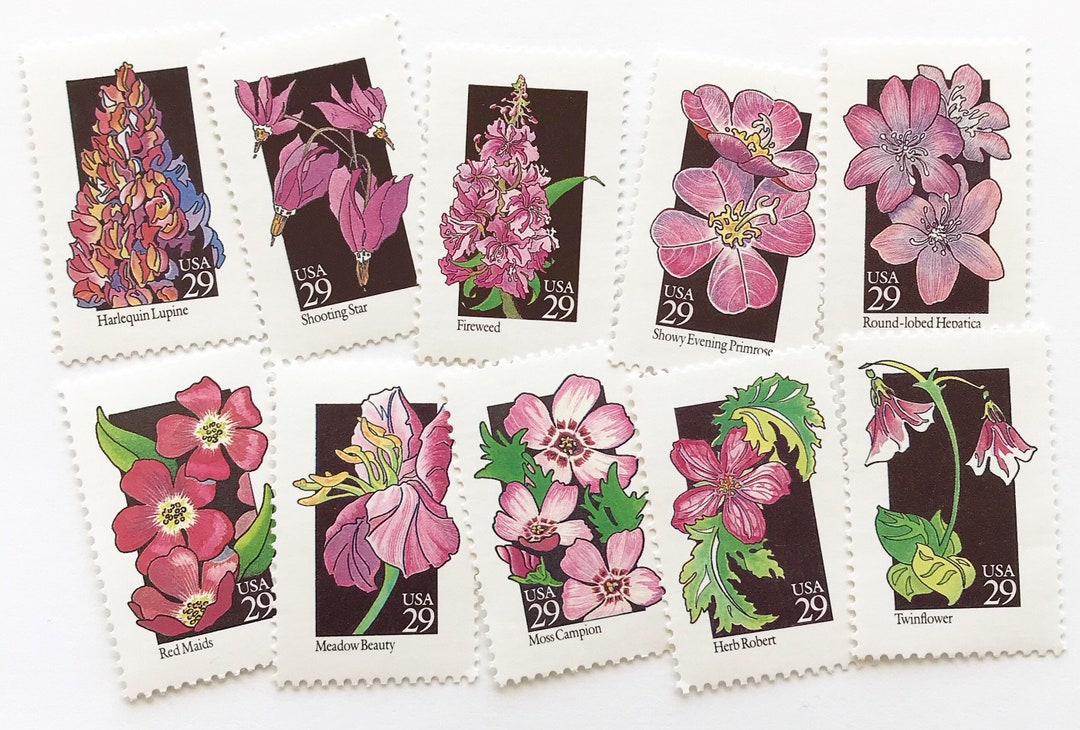 10 Vintage Pink Wildflower Wedding Postage Stamps: Unused Botanical ...