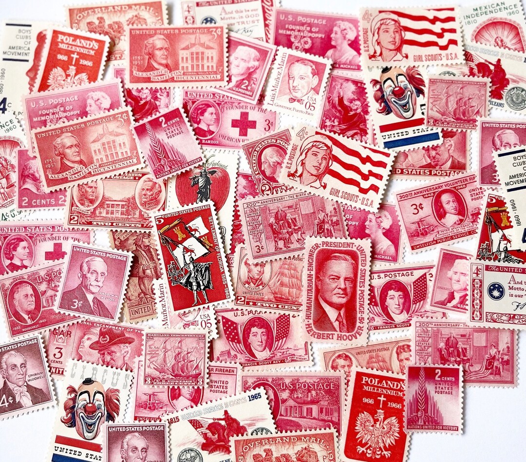 50 Unused Vintage Red Postage Stamps - Collection of Red Stamps / Red ...