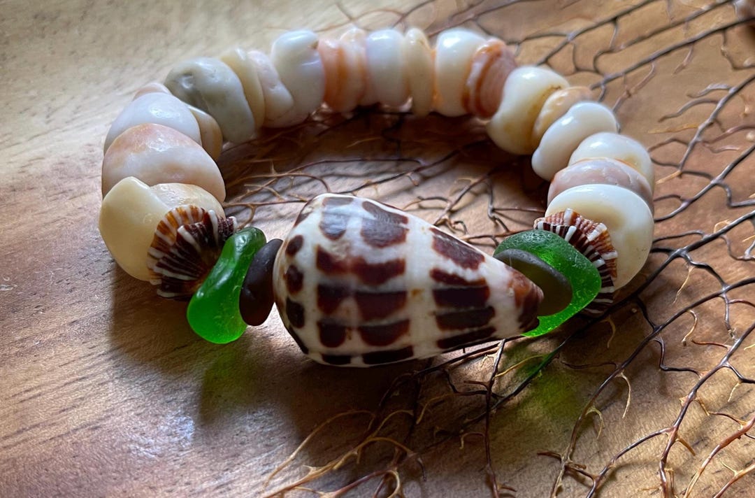 RESERVED Brown Hebrew Cone Shell, Dark Forest Green Sea Glass Bracelet ...