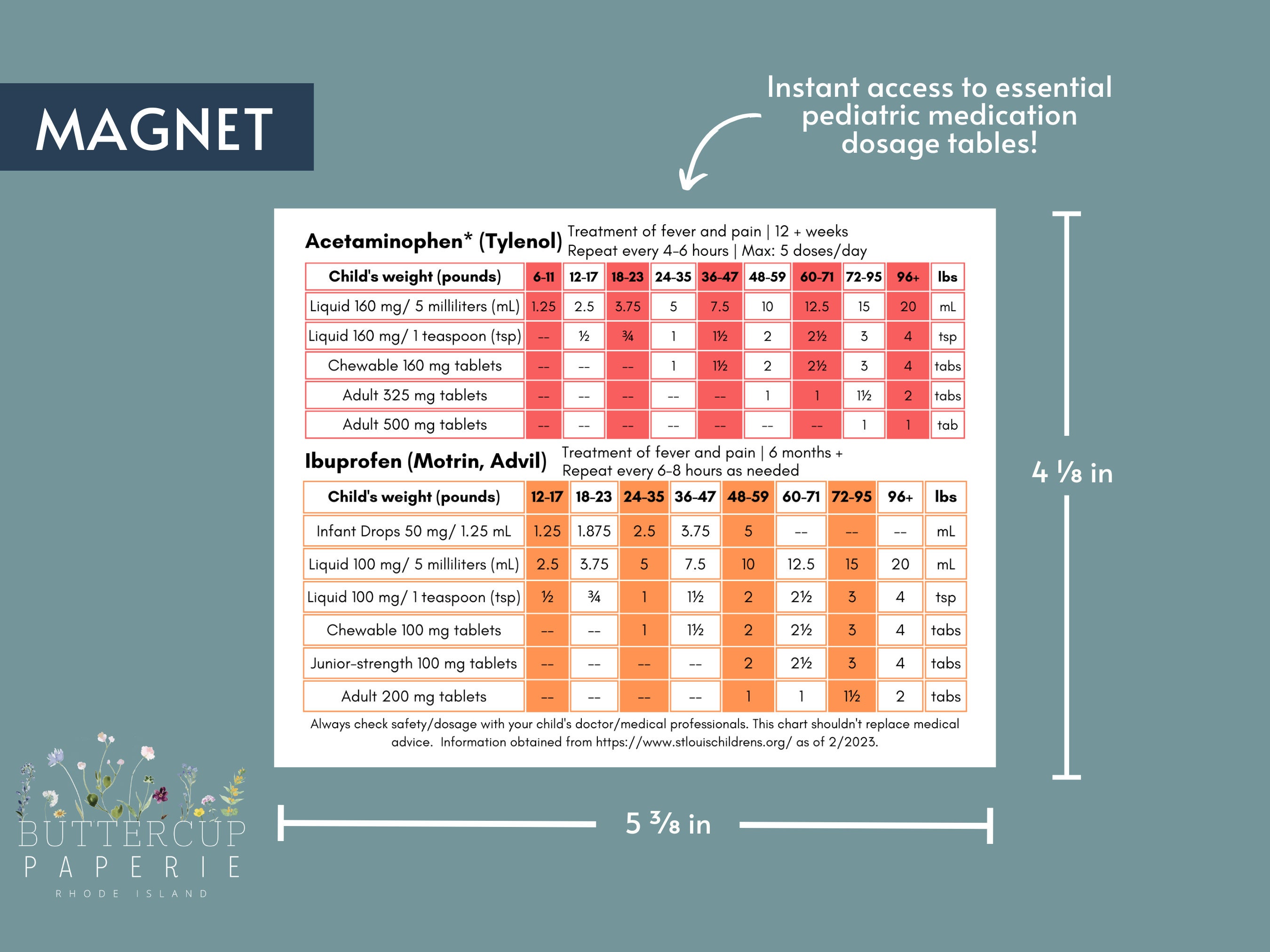 Pediatric Dosage Chart Magnets for Parents Acetaminophen, Ibuprofen ...
