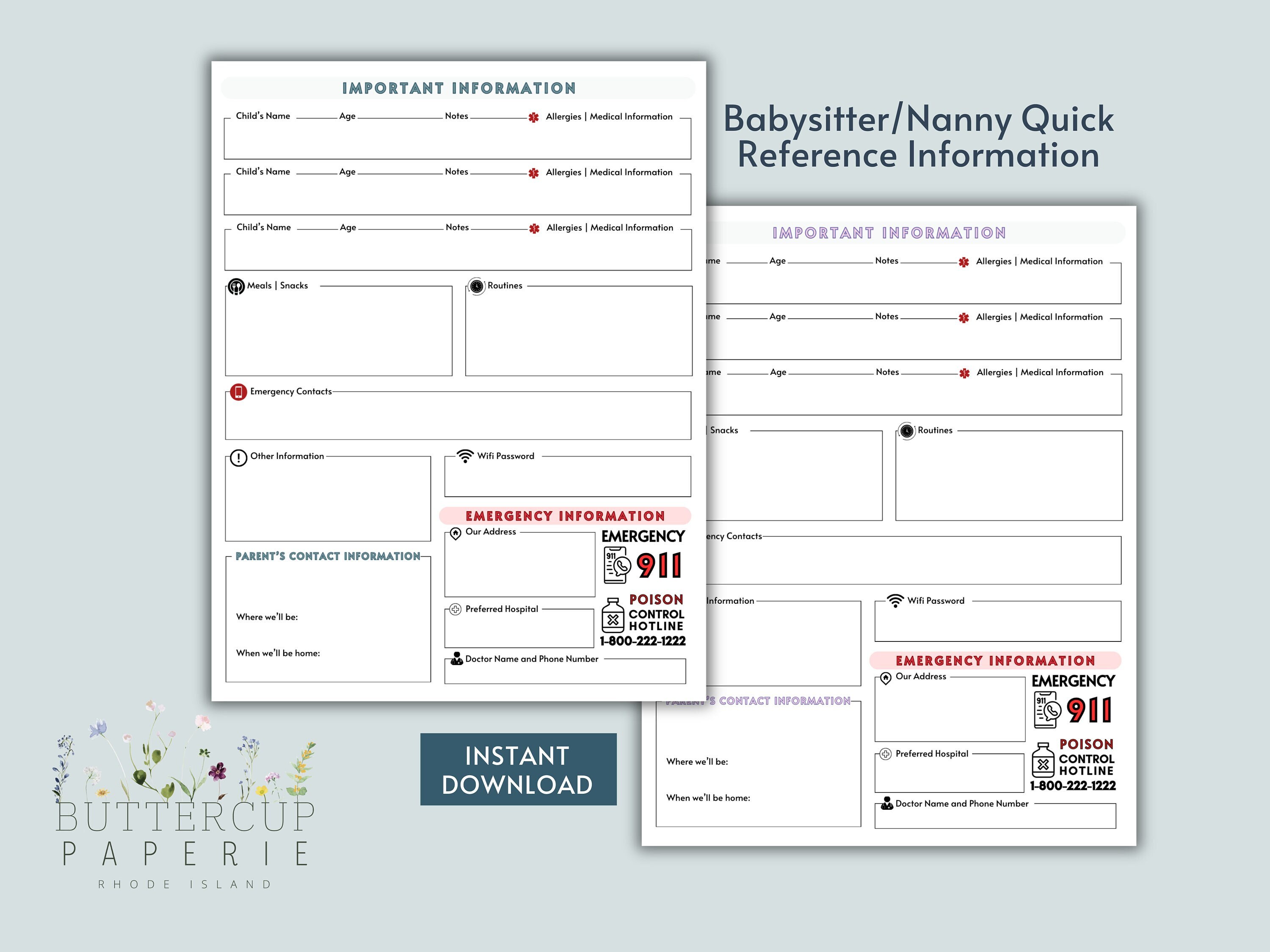 Printable Babysitter or Nanny Quick Reference Guide, Child Care Info ...
