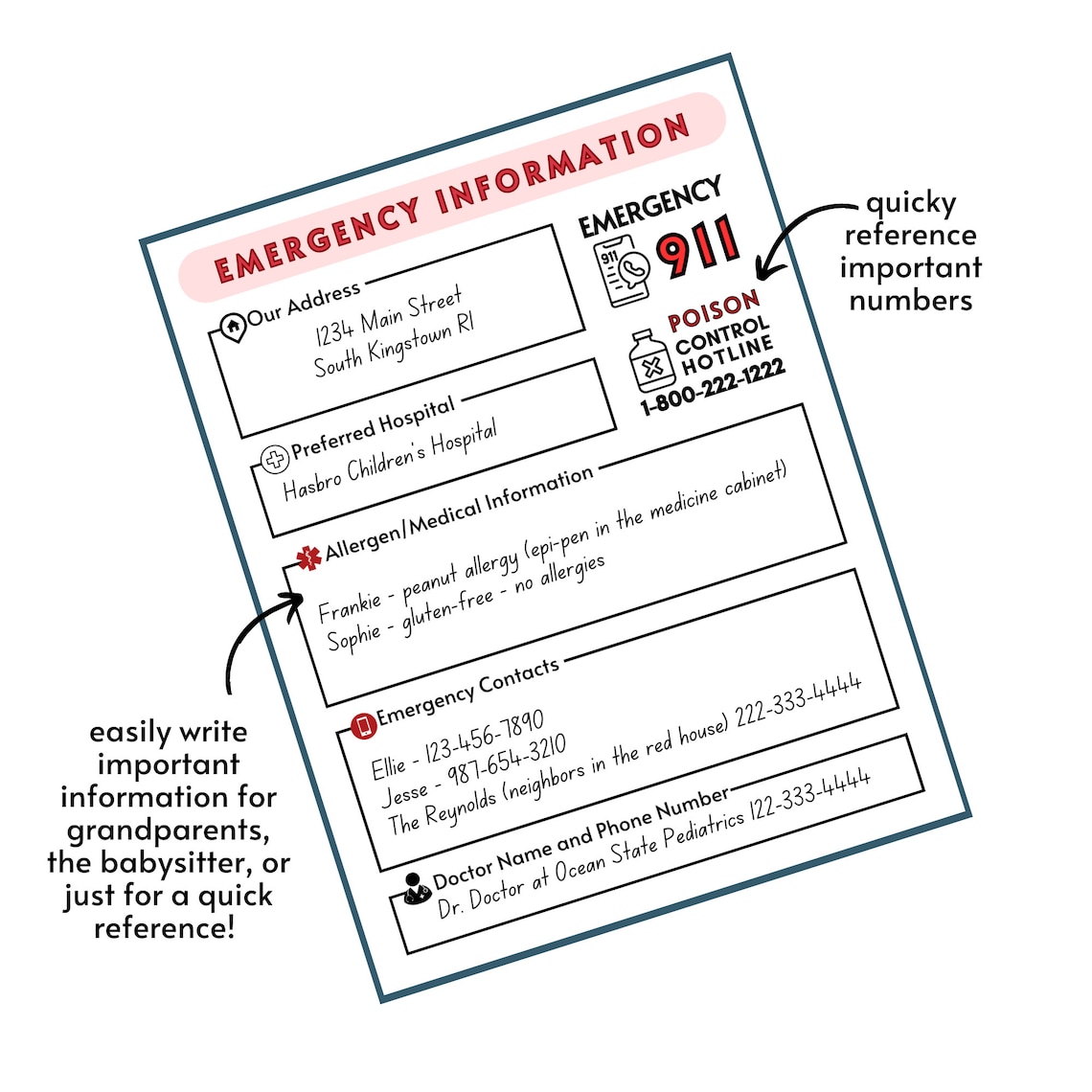 Emergency Contact Information Refrigerator Magnet | Quick Reference ...