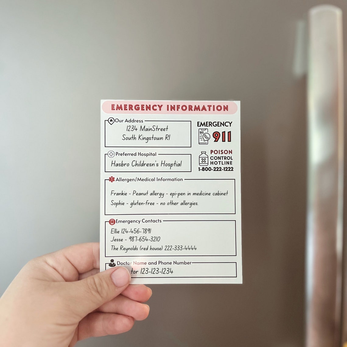 Emergency Contact Information Refrigerator Magnet | Quick Reference Emergency Phone Numbers for ...
