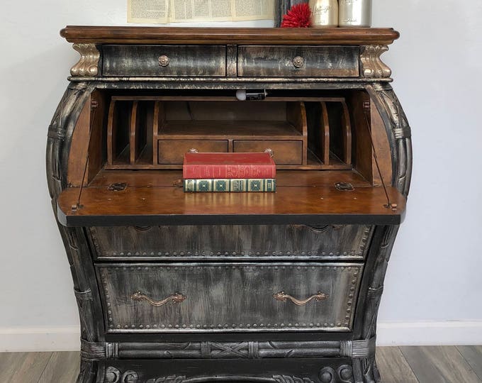 Bombay Shaped Fold Down Desk With Four Drawers for Storage in Black ...