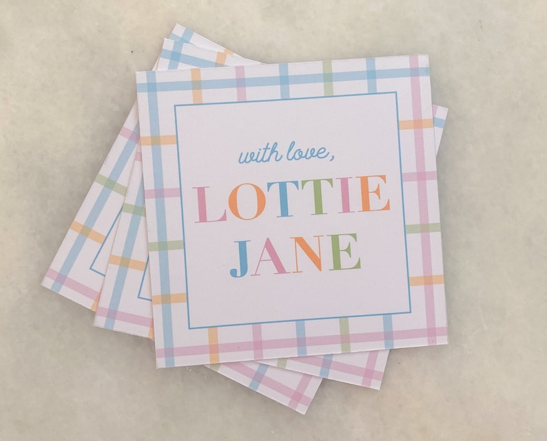 Colorful Bright Plaid Kids Name Calling Cards Gift Tag Boy Girl Sibling ...