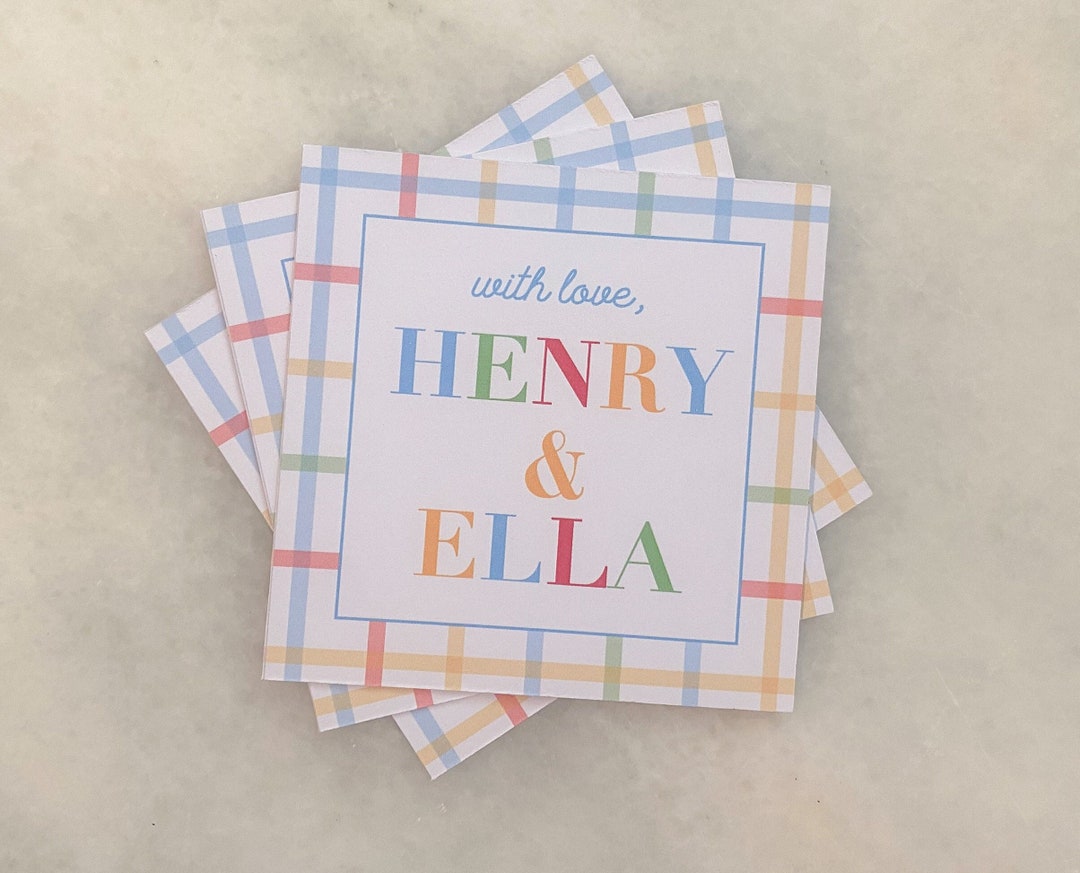Colorful Bright Plaid Kids Name Calling Cards Gift Tag Boy Girl Sibling ...