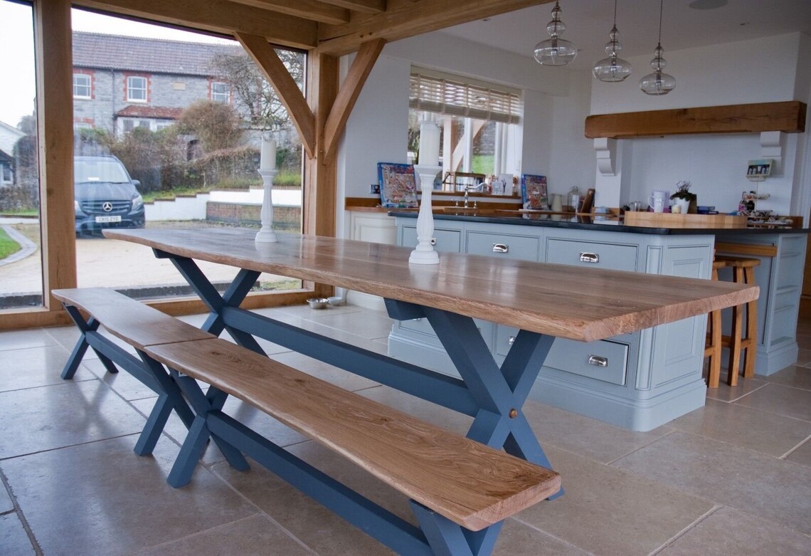 Live Edge Solid Oak Farmhouse Dining Table and Benches With - Etsy UK