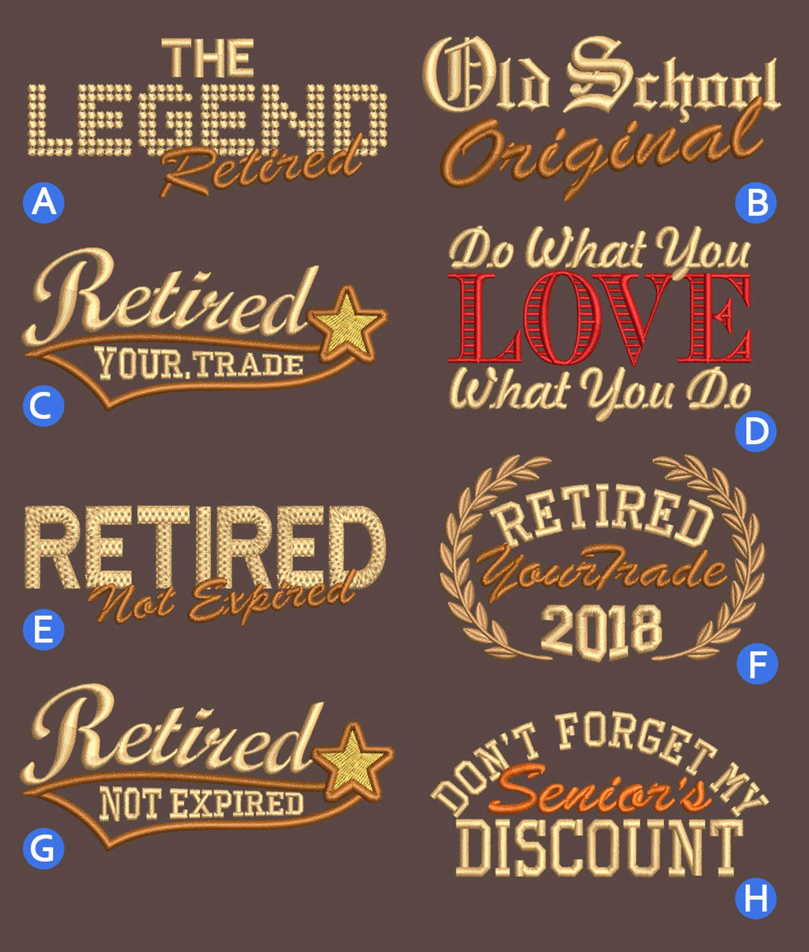 Custom Retirement Embroidery Design on a Brown on Tan Full Fit Classic ...