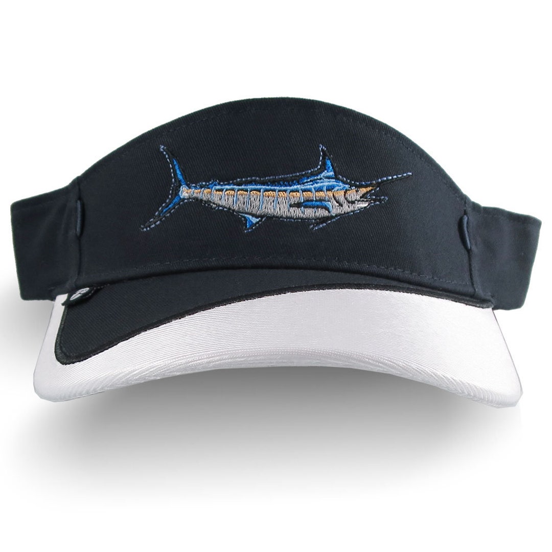 Blue Marlin Fish Nautical Embroidery on a Navy Blue and White Visor ...