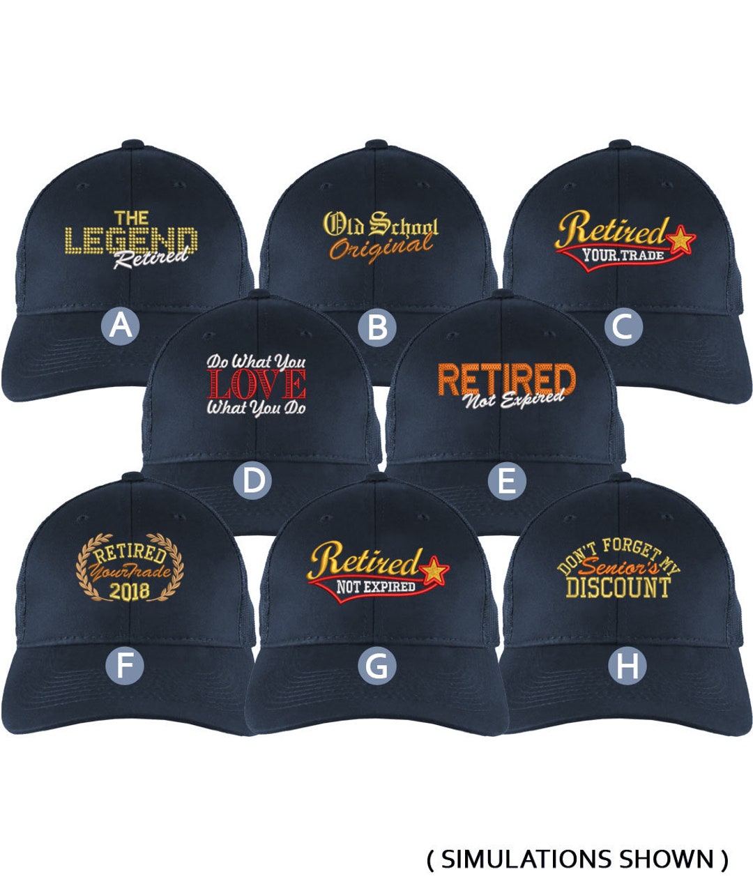 Custom Retirement Embroidery Design on a Navy Blue Full Fit Classic ...