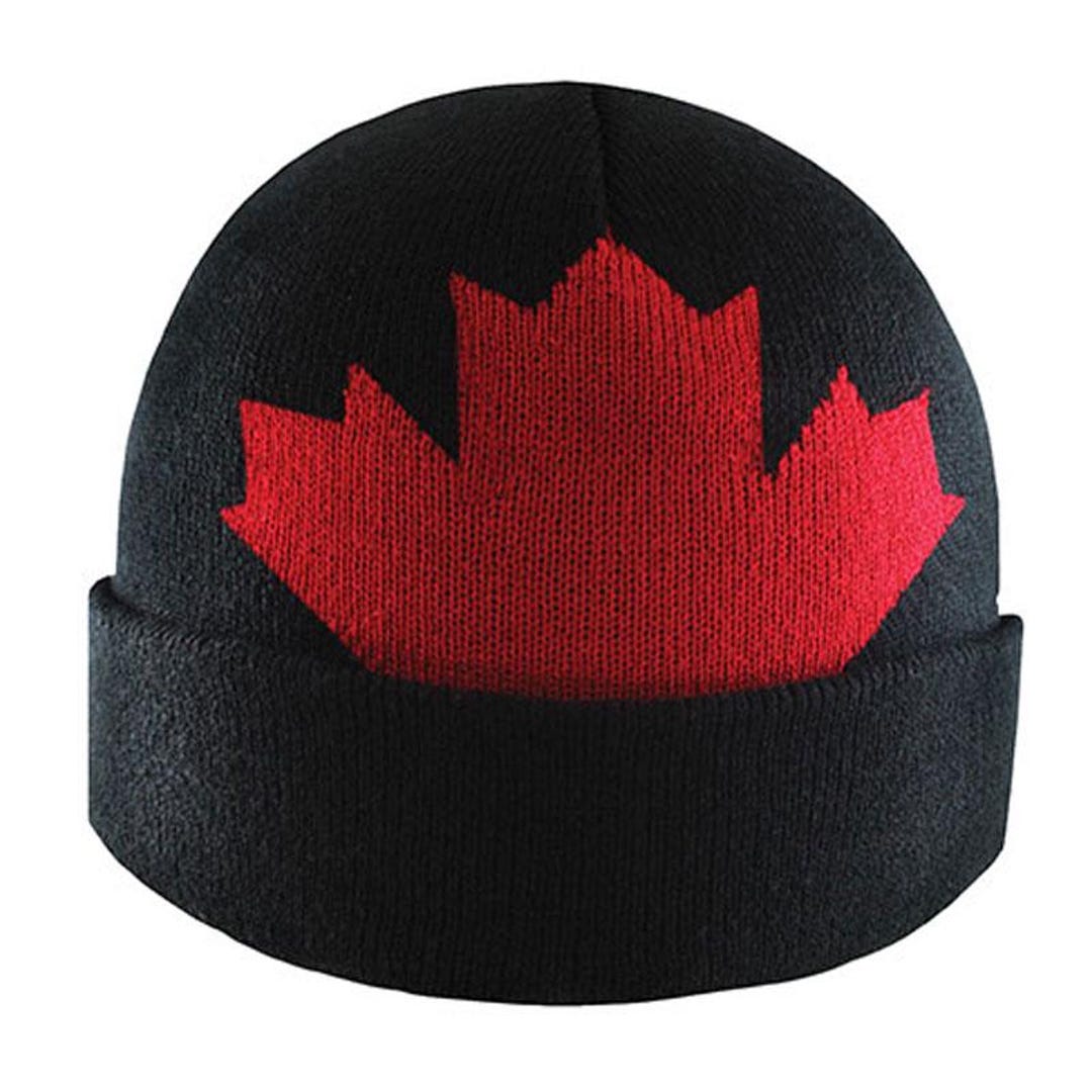 Black Jacquard Acrylic Toque With Large Red Knitted Canadian Maple Leaf ...