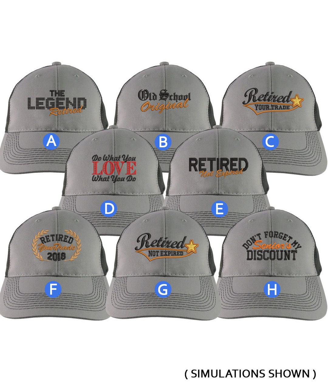 Custom Retirement Embroidery Design on a Grey on Black Full Fit Classic ...