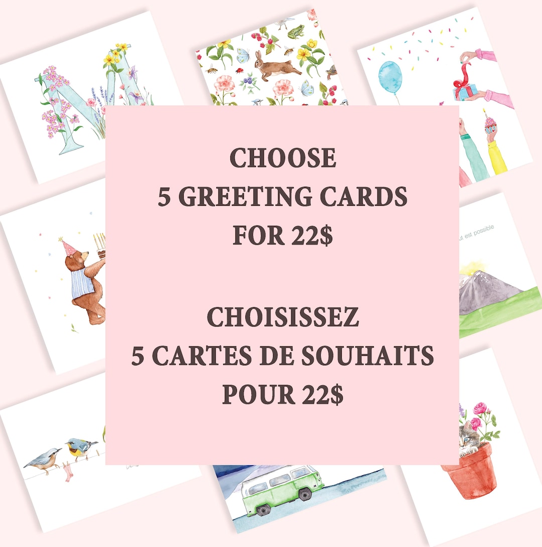 5 Greeting Cards of Your Choice, Bundle of Cards Made in Quebec Canada ...
