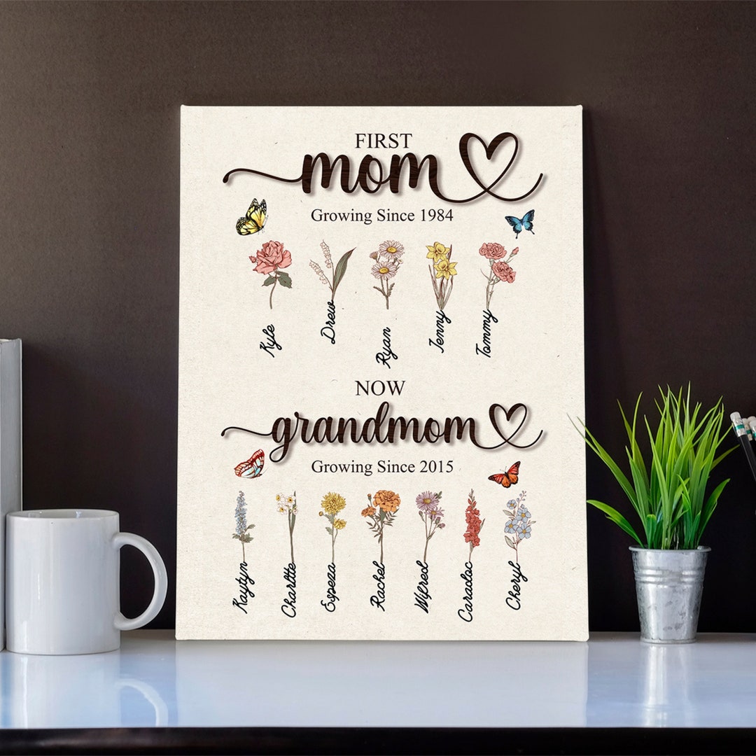 Personalized Vintage Birth Flower First Mom Now Grandma Garden Framed ...