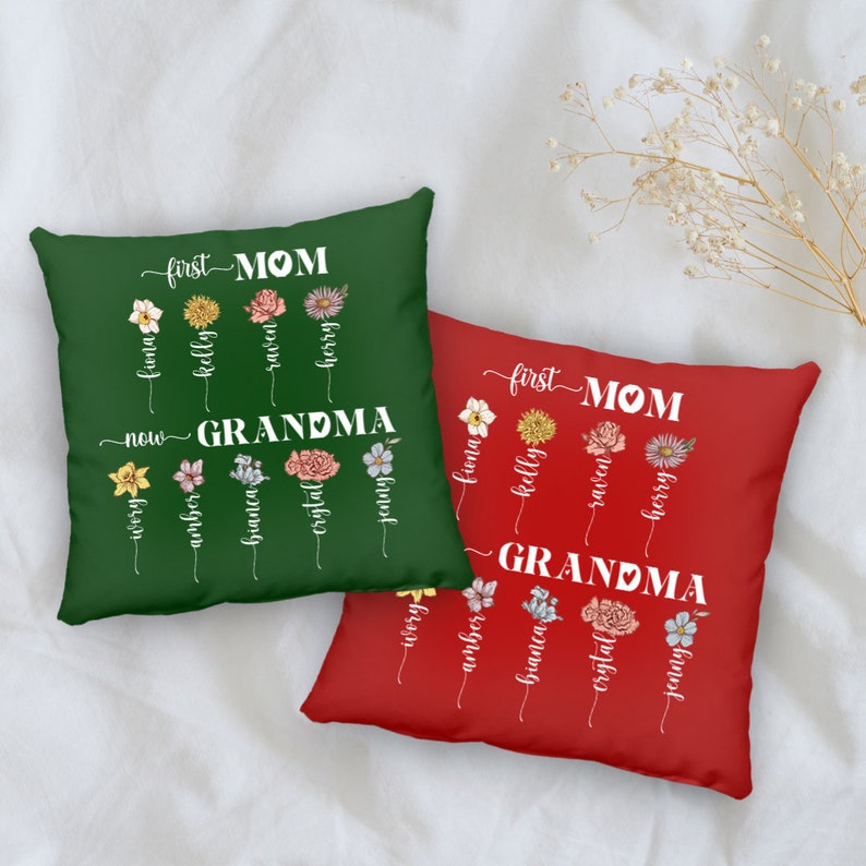 Personalized Birth Flower and Name First Mom Now Grandma Garden Pillow ...