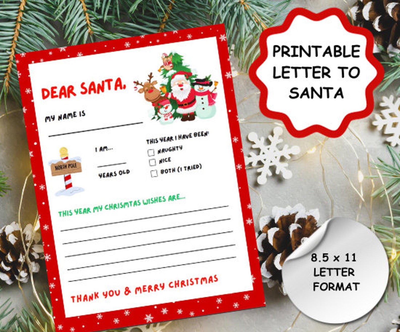 Letter to Santa Printable, Letter to Santa Digital Download, Printable ...