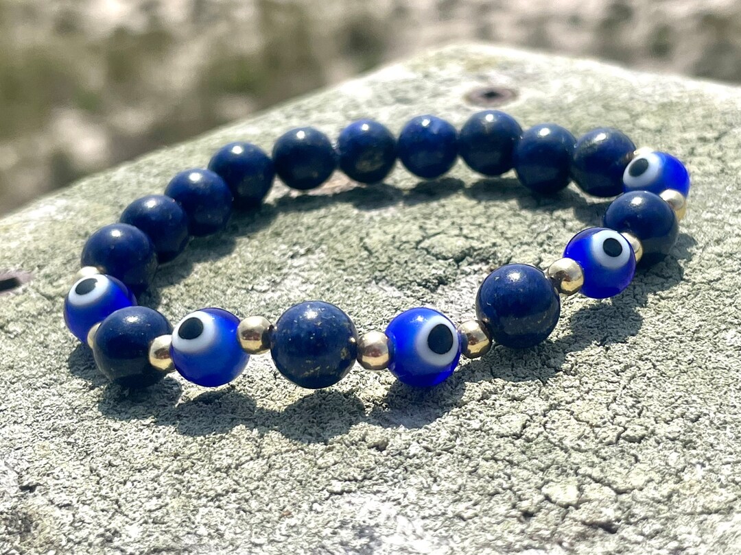 7 Lapis Lazuli and glass Evil Eyes Stretchy Bracelet for Protection and ...
