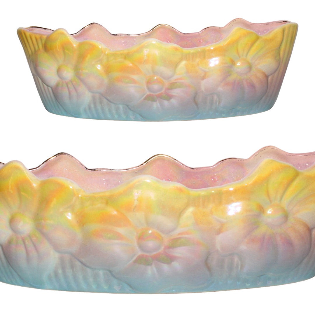 Vintage Kalmar Pottery Pastel Yellow Pink Lustre Ware Trough Vase Retro ...