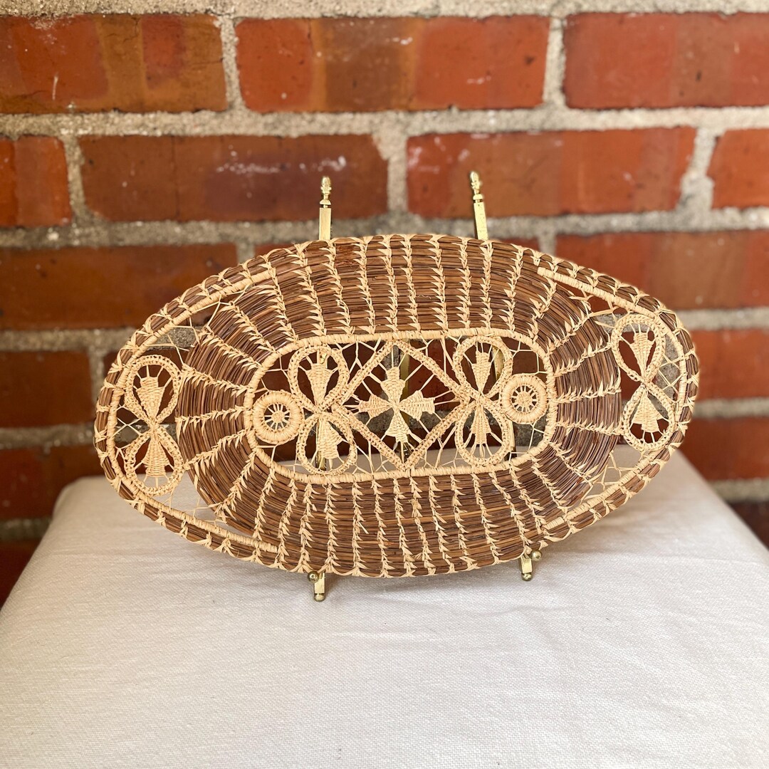 Antique Pine Needle & Raffia Straw Lace Woven Basket | Handmade Vintage ...