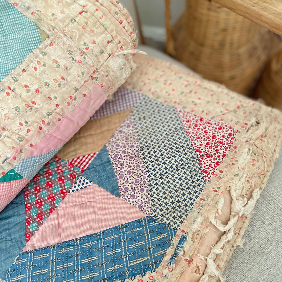 1930s Primitive Patchwork Cotton Quilt | Antique Vintage Handsewn Lap ...