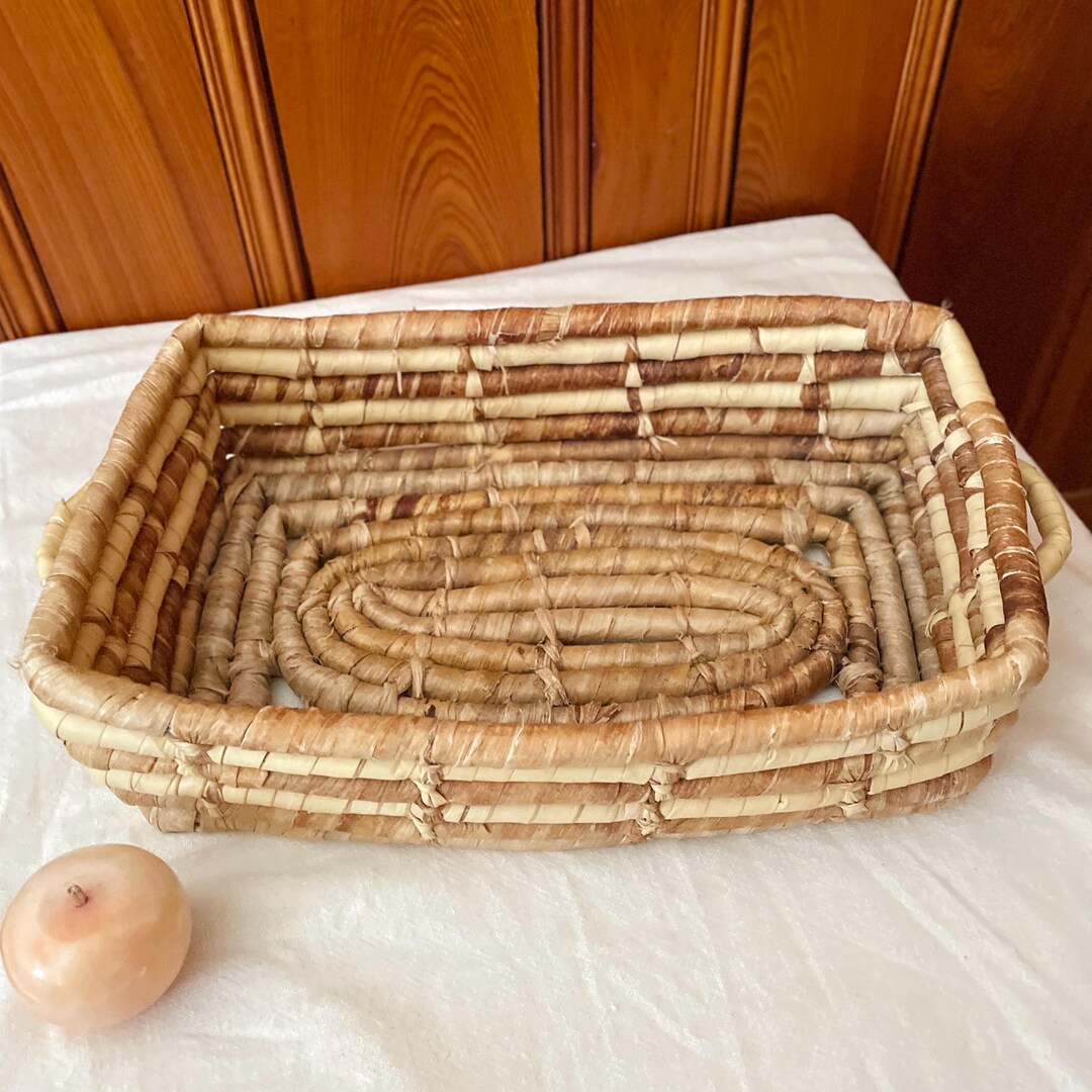 Vintage Coil Weave Raffia Straw Basket Tray | Mid-century Woven ...