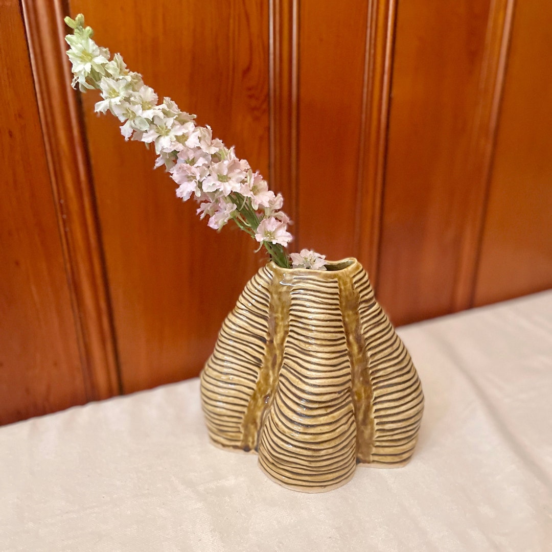 Large Vintage Folk Art Ceramic Vessel | Handmade Unique Mustard Yellow ...