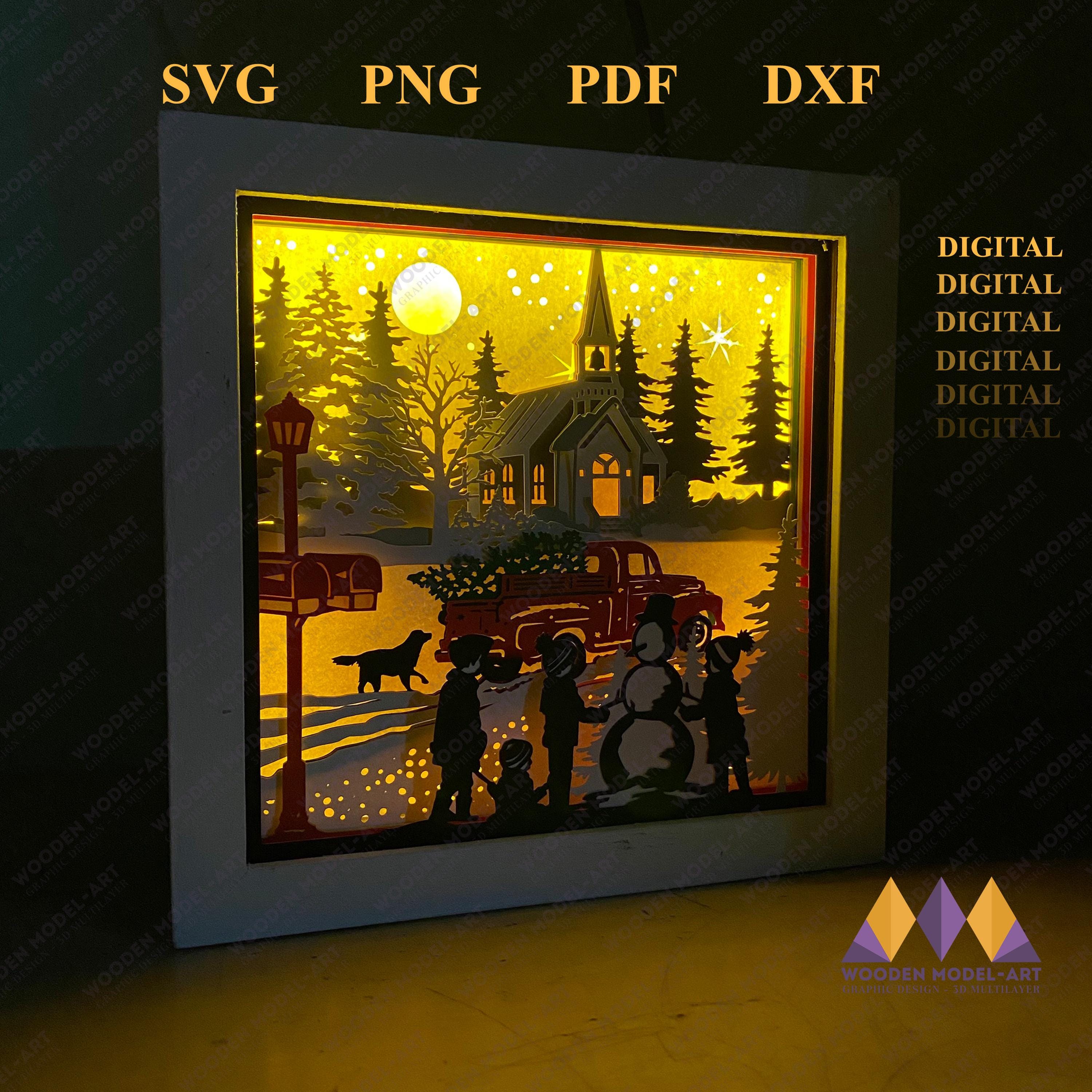 Christmas Shadow Box Scene: 3D Paper Cut Lightbox Template (SVG, PDF ...