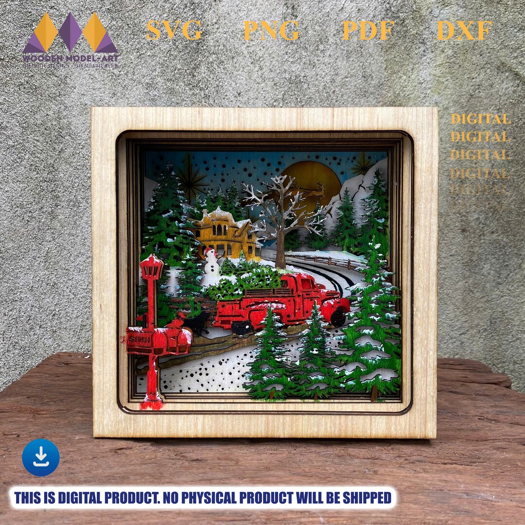 Christmas Scene Shadow Box Laser Cut File: Red Truck, Santa's Sleigh ...