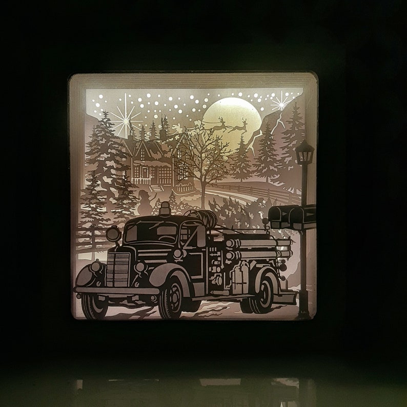 Fire Truck Christmas Shadow Box/firefighter Shadow Box/light - Etsy