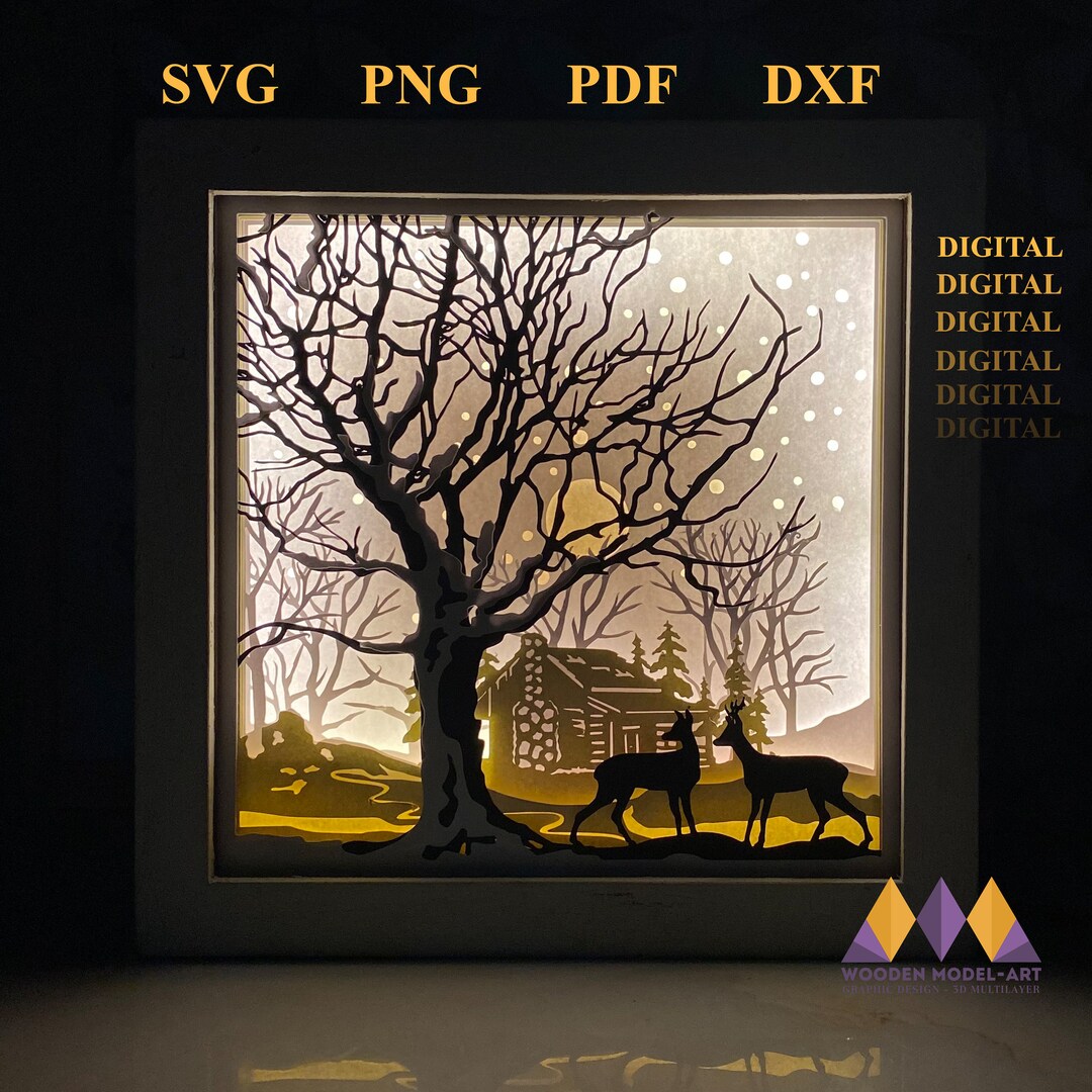 Deer in Forest Light Box SVG: Winter Christmas Shadow Box (digital ...