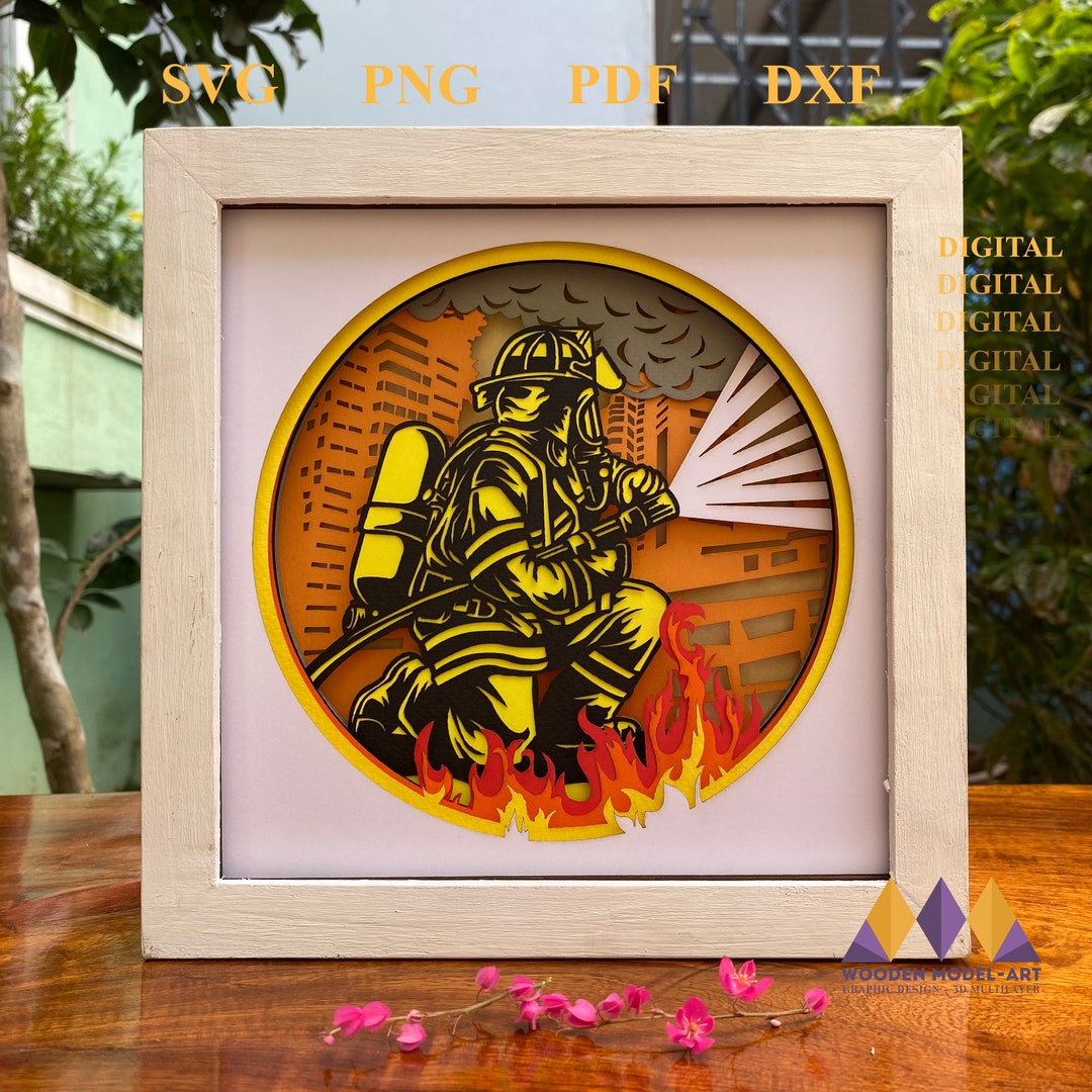 Firefighter Svg Light Box - Fireman Shadow Box - Firefighter 3D Paper ...