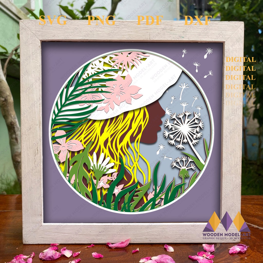 3D Dandelion Girl Shadow Box SVG, Layered Dandelions SVG, Spring Shadow Box, Flower Cricut Files ...