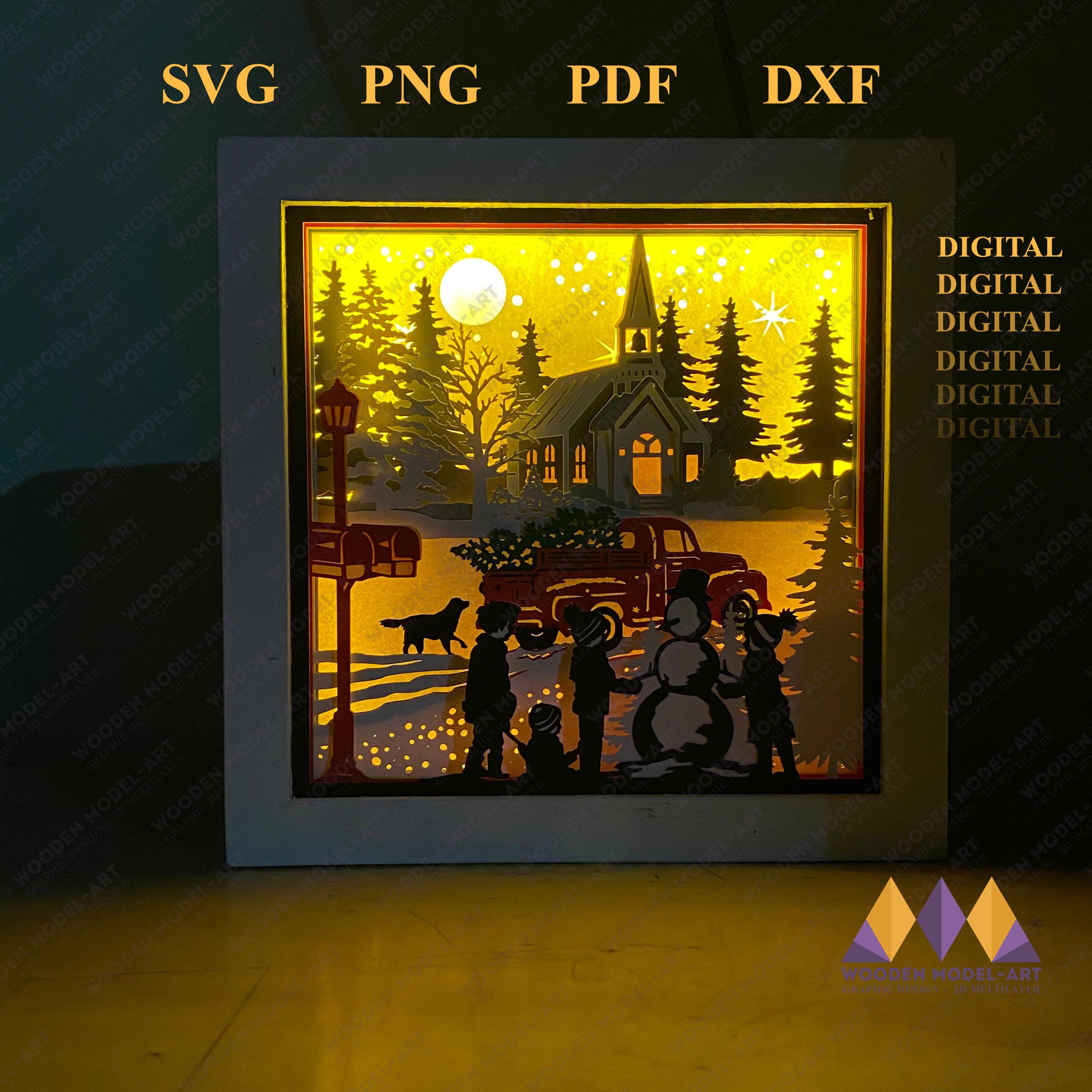 Christmas Shadow Box Scene: 3D Paper Cut Lightbox Template (SVG, PDF ...