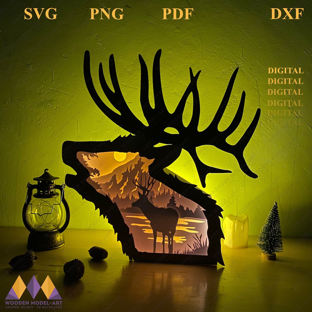 CHRISTMAS DEER STAG Svg Ligh Box - Deer Head Svg Shadow Box - Winter ...