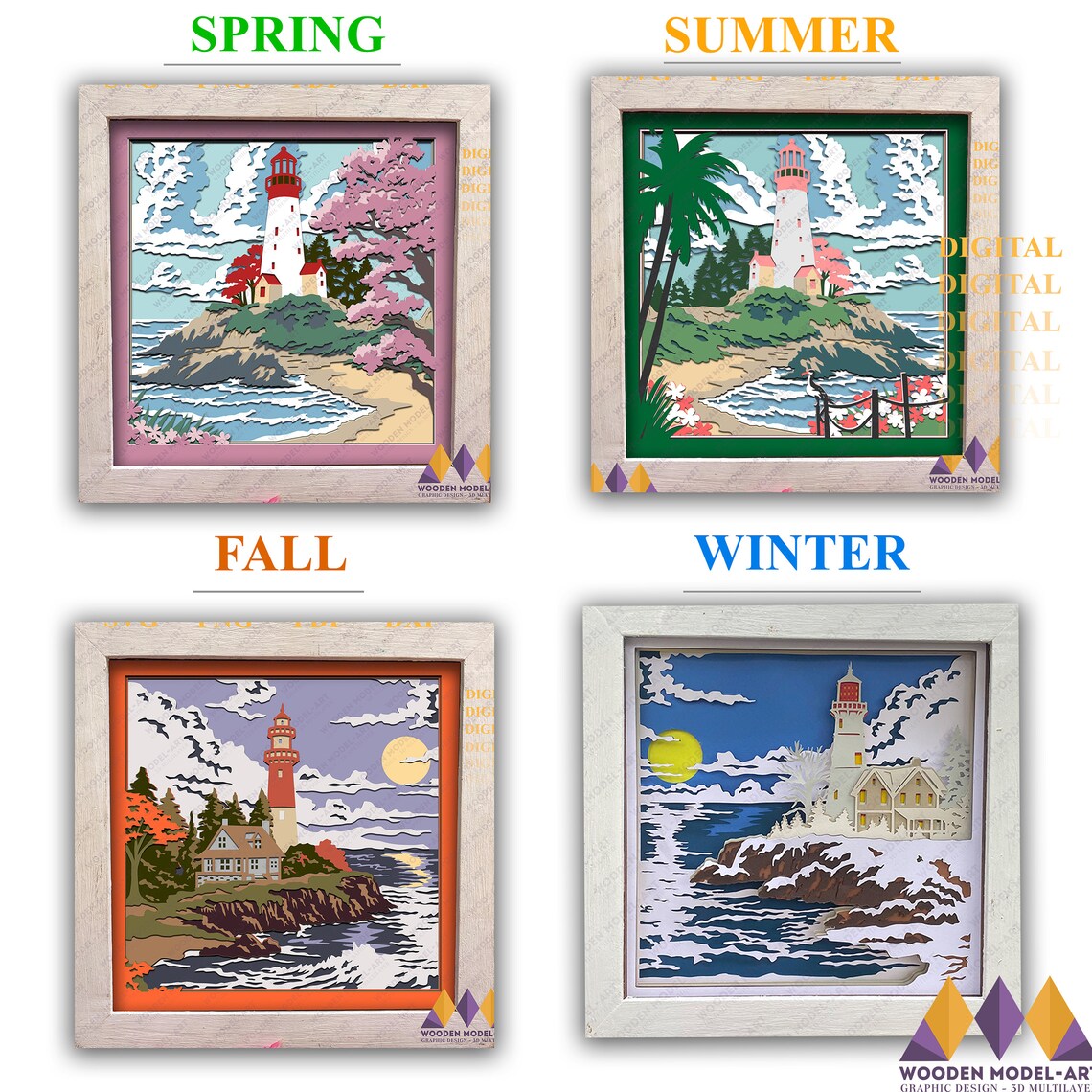 Lighthouse Shadow Box SVG: Four Seasons 3D Paper Cut Template (digital ...