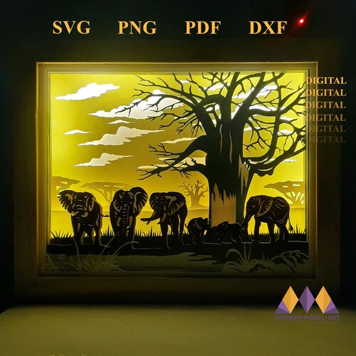 Elephant Safari Shadow Box SVG Template African Papercut - Etsy