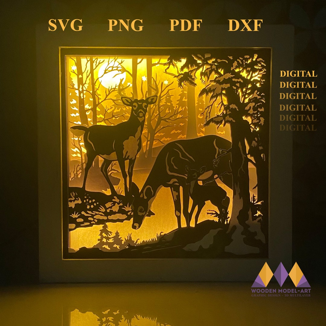 Deer in Forest Light Box SVG: Winter Christmas Shadow Box (digital ...