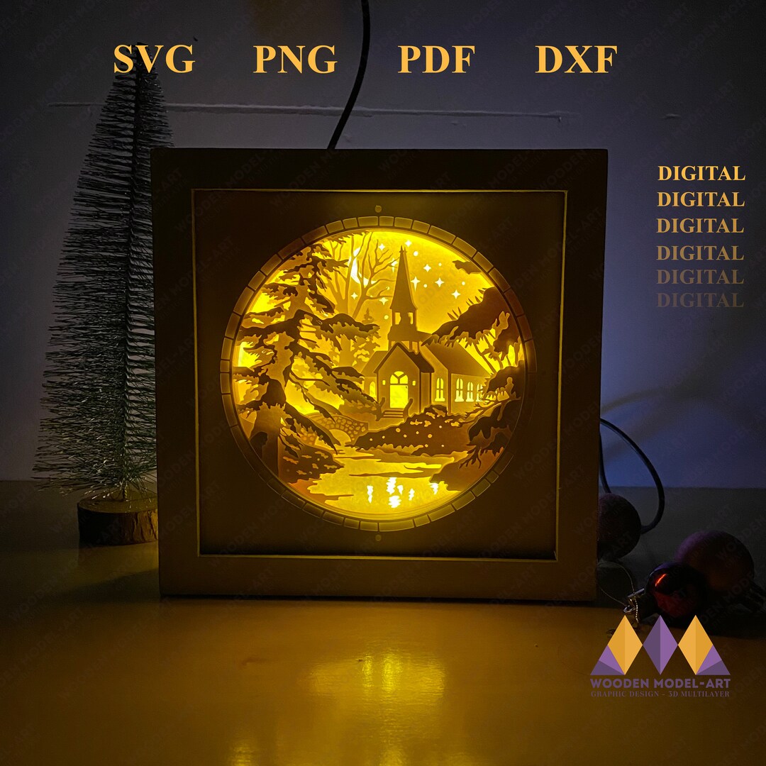 CHRISTMAS CHURCH SVG Light Box, Cathedral Shadow Box, Snow Church ...