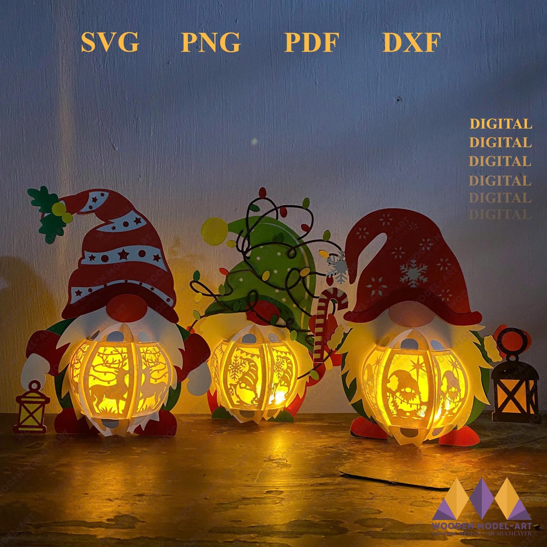 Pack 3 Gnome Lantern SVG, Christmas Gnome PDF Templates for You Diy ...
