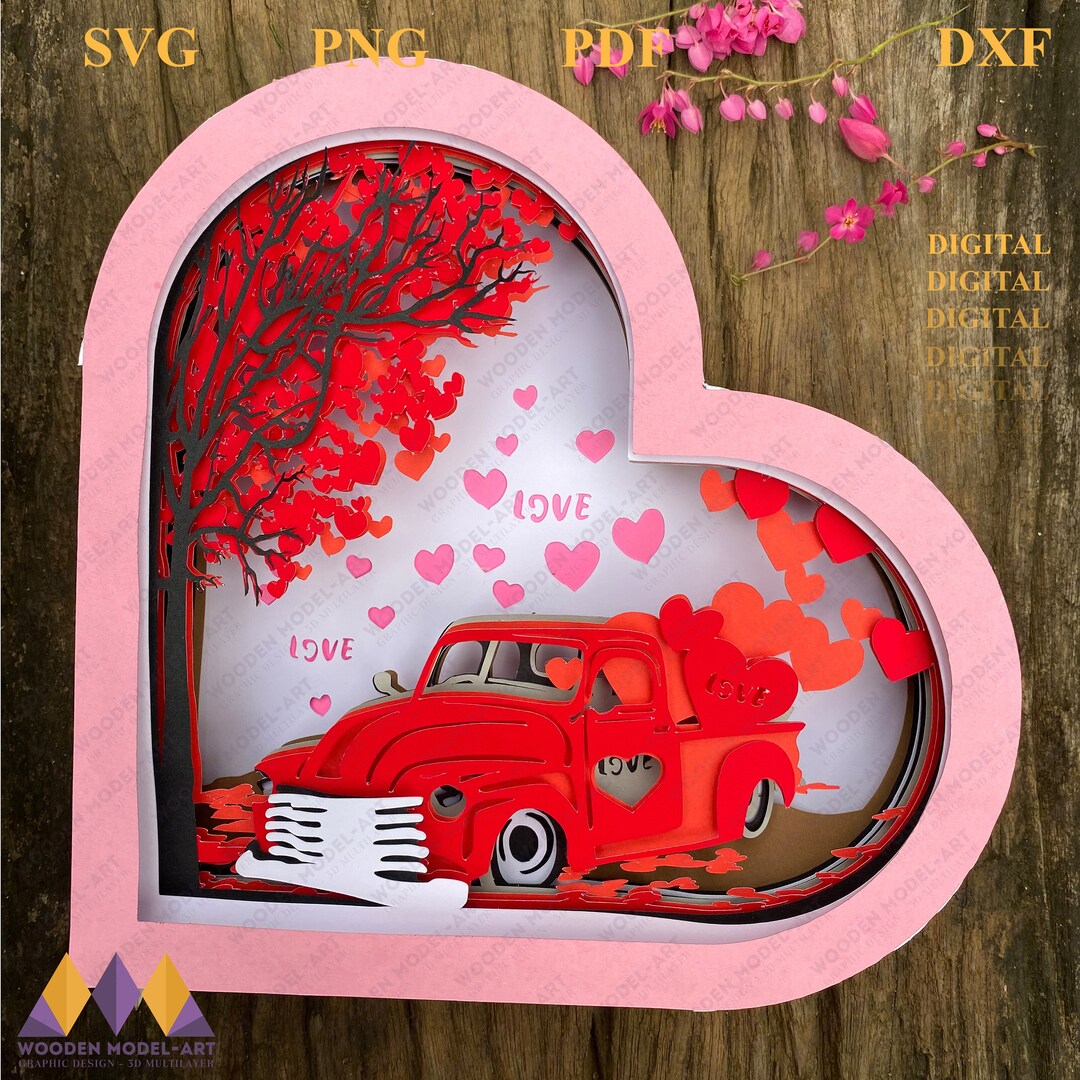 3D VALENTINE HEARTS Svg Shadow Box, Red Truck Hearts Layered, for ...