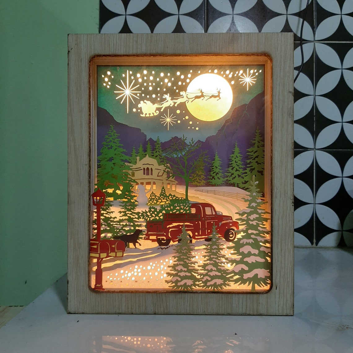 Merry Christmas Shadow Box/vintage Red Car With Xmas Pine - Etsy