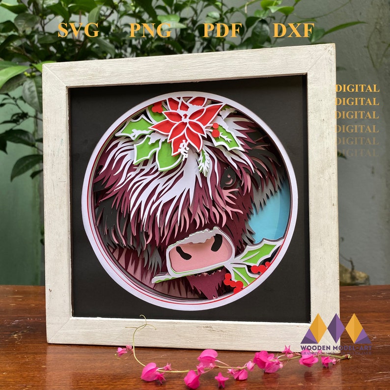 3D Highland Cow Christmas Shadow Box SVG – Fluffy Cow Light Box ...
